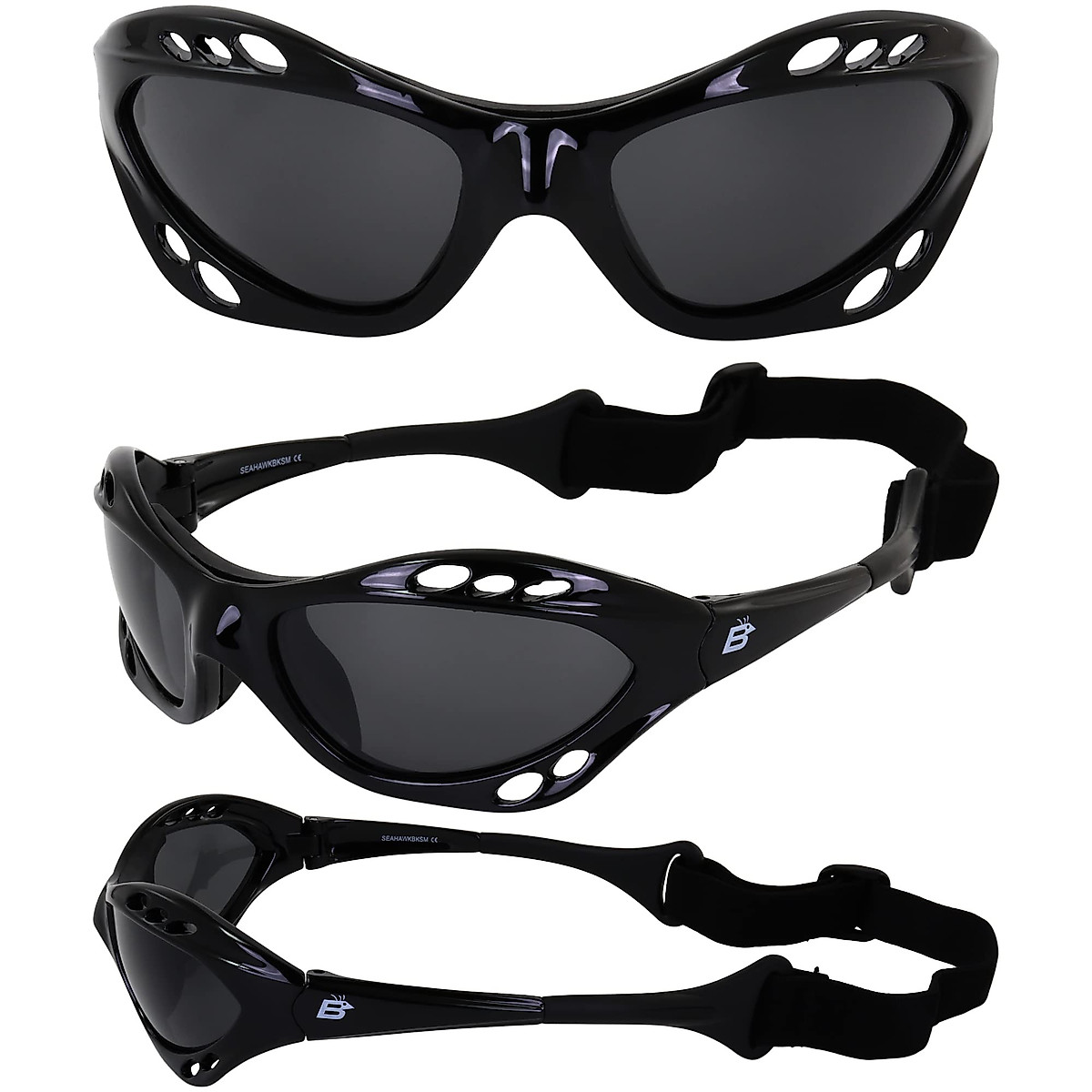 Birdz Eyewear Seahawk Polarized Sunglasses Jet Ski Goggles Sport Kite-Boarding, Surfing, Kayaking 2 Pairs Black Frames with Smoke & Blue Lenses