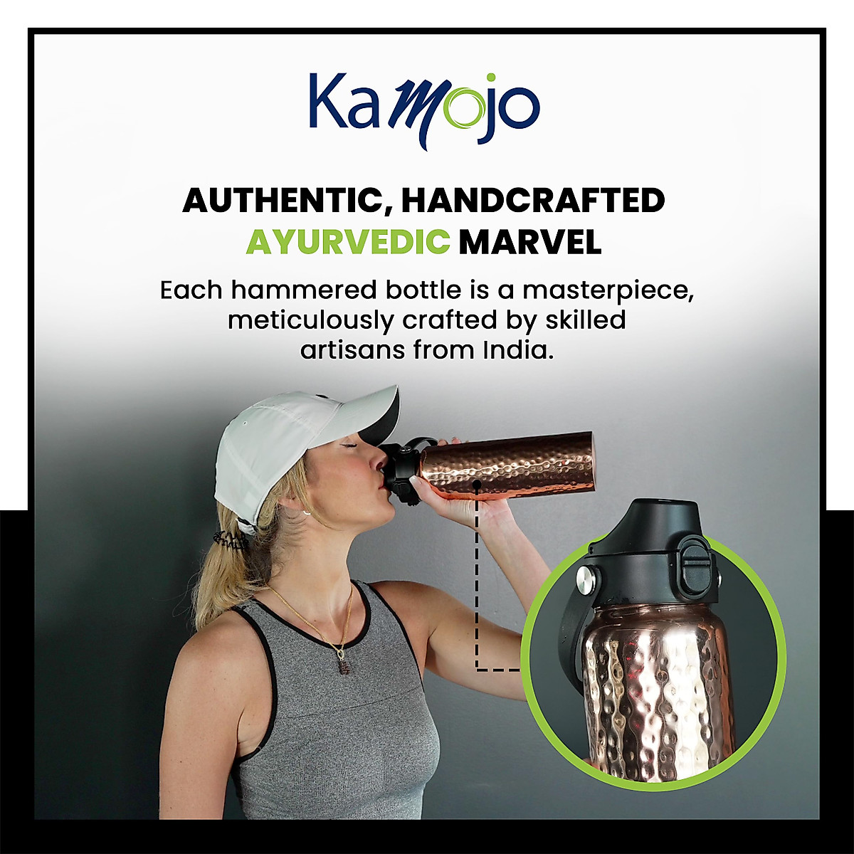 Copper Water Bottle for Drinking - Hammered Pure Copper Water Bottle with Push Button Lid, Removable Sleeve & Copper Straw - Handcrafted Water Bottle Copper Cup 32 fl oz
