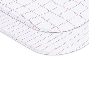 Petit Dreams Bassinet Sheet Jersey Knit Cotton for Baby Girl Flexible Fit for Multiple Size Bassinet Mattresses & Mini Co-Sleepers, Dotted Stripes & Grid Lines, (Pack of 2)