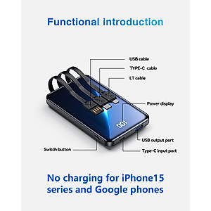 Portable Charger small Power Bank 12000mAh,Mini Fast Charging Power Bank,Battery Bank with Built-in Cables,2 Input and 4 output External Battery Pack Compatible with iPhone14/13/12/11/10/9/Android etc