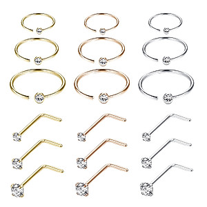 Jstyle 18Pcs Nose Rings Hoop Stainless Steel 20G L Shaped CZ Nose Studs Piercing Ring Hoop Body Jewelry Set