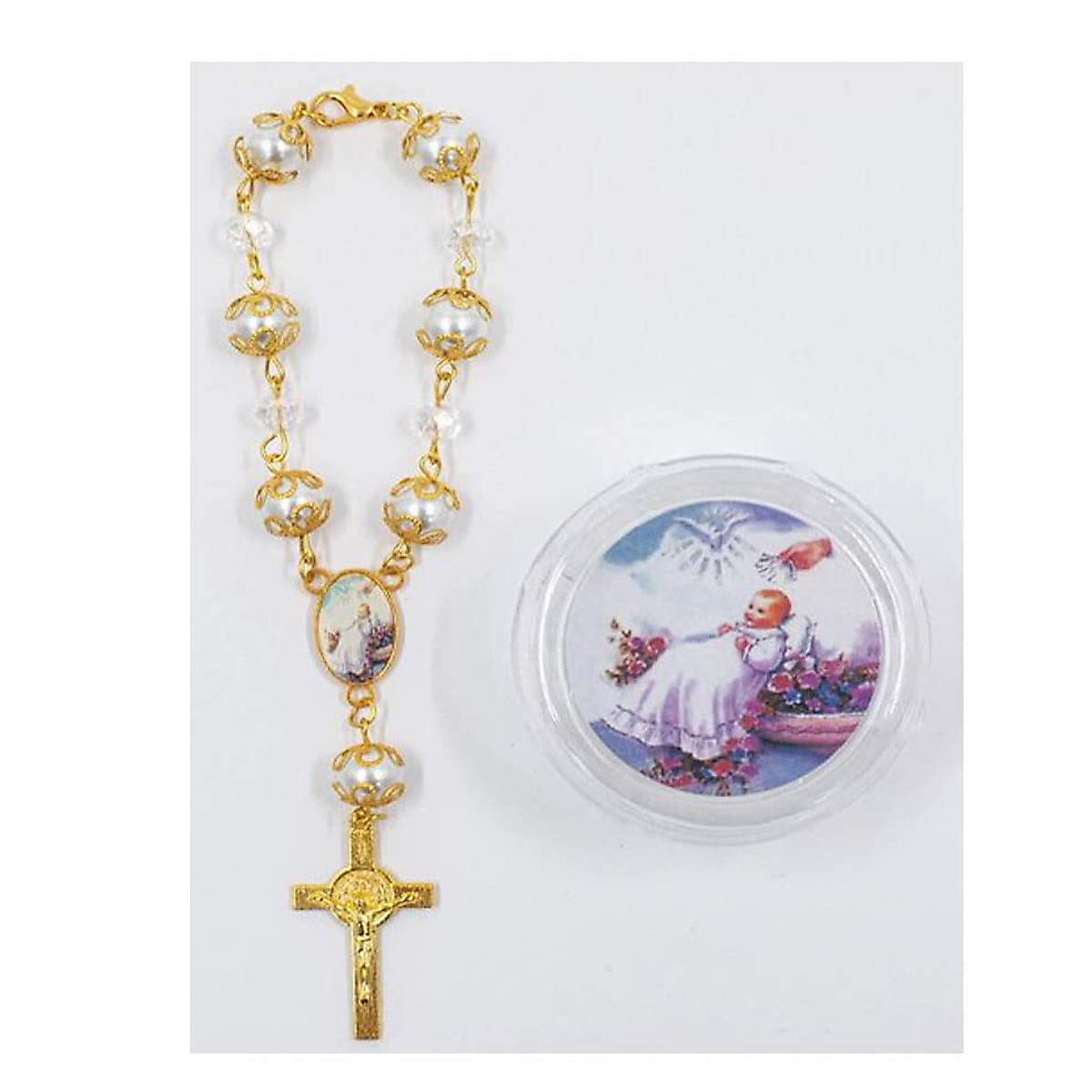 RBN 12 PCS Rosary Beads Beaded White Pearl Gold Catholic Christian Crucifix Cross Pearl Bracelet Baptism Favors Recuerdos De Bautizo Communion Car (Gold)