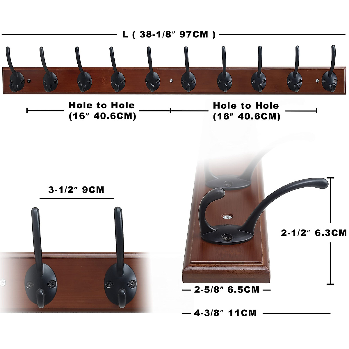 Dseap Coat Rack Wall Mounted: 10-Hooks, 38-1/4" Long, 16" Hole to Hole, Wood Coat?Hooks Wall Mounted, Hook Rack, Hook Rail, Hooks for Hanging Coats, White & Black