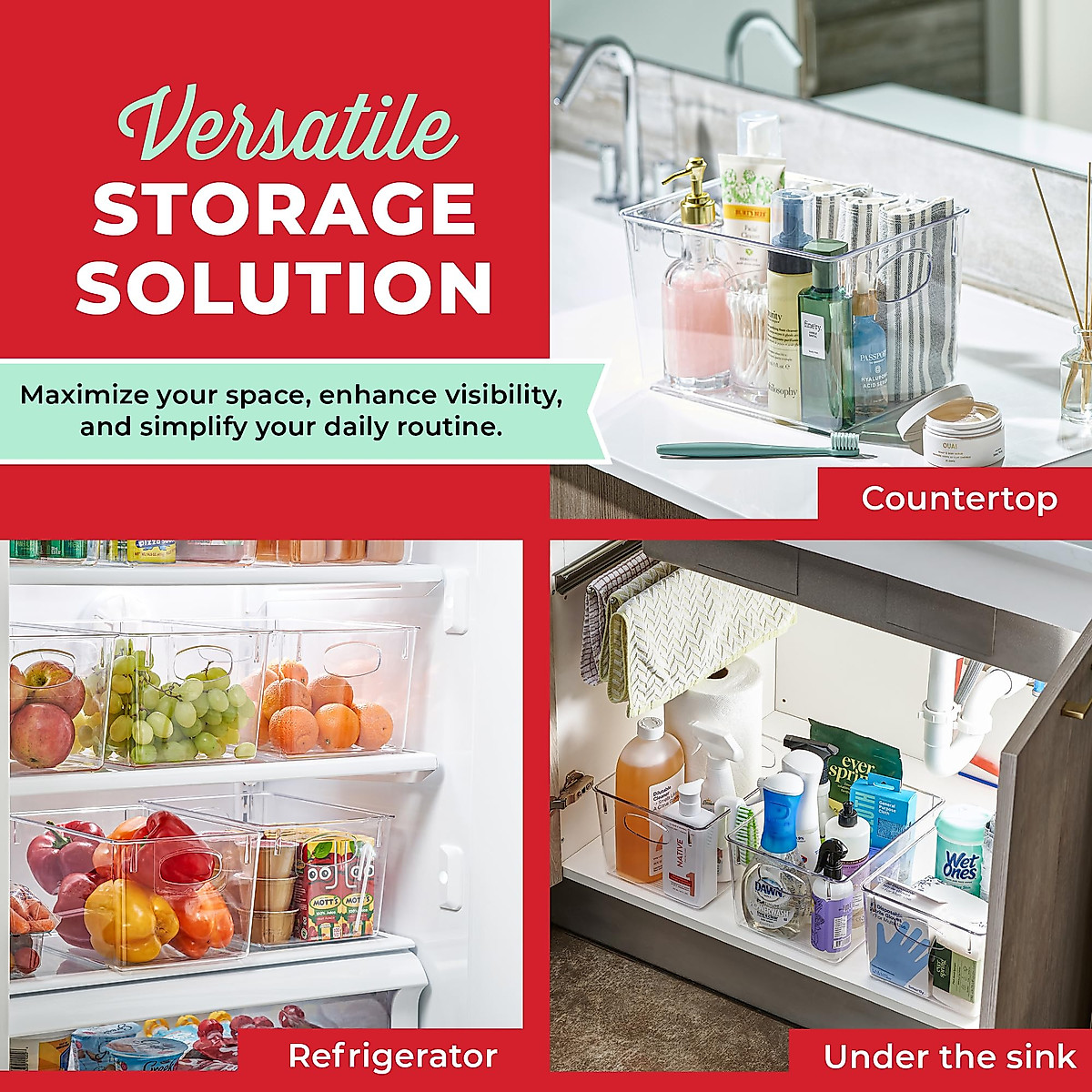 Clear Refrigerator Organizer Bins - Plastic Fridge Organizers - Storage Containers for Organizing Pantry, Cupboard, Cabinet, Freezer, Food, Fruit, Kitchen, Bathroom - Refrigerator Storage Bin set of 2