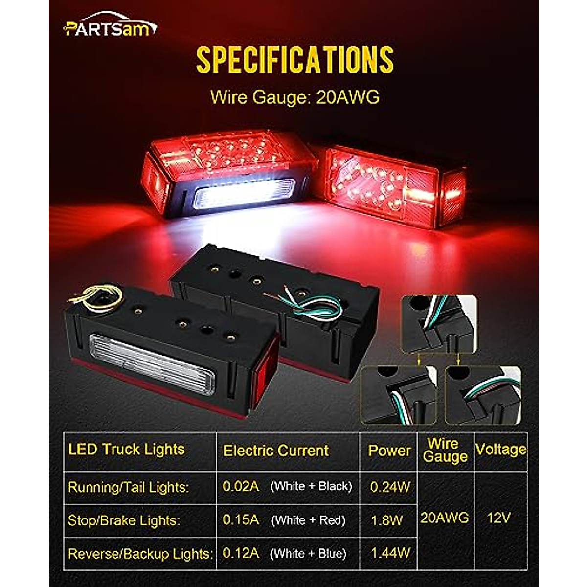 Partsam 12V LED Submersible Low Profile Rectangular Trailer Lights, Waterproof LED Combination Trailer Tail Light Kit Stop Brake License Plate Turn Running Lights Sealed for Boat Trailer Lights Truck