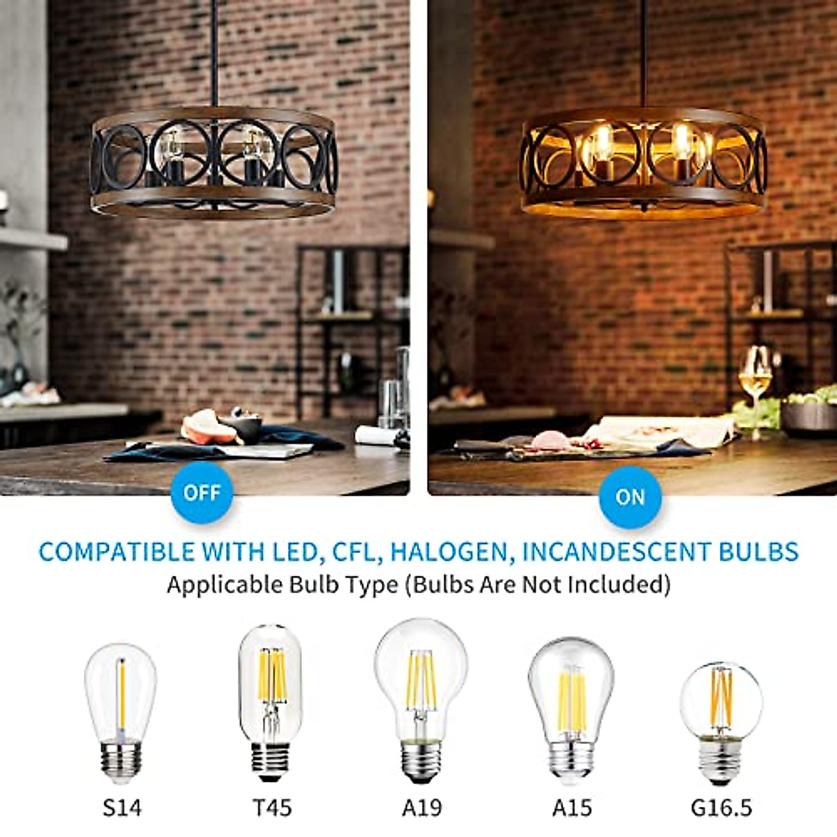 XINGQI Dining Room Chandelier Over Table, Modern Farmhouse Chandelier, 21.7'' Drum Rustic Pendant Light Fixture for Living Room, Round Metal Shade with Black+Wood Grain Finish, 5 Lights