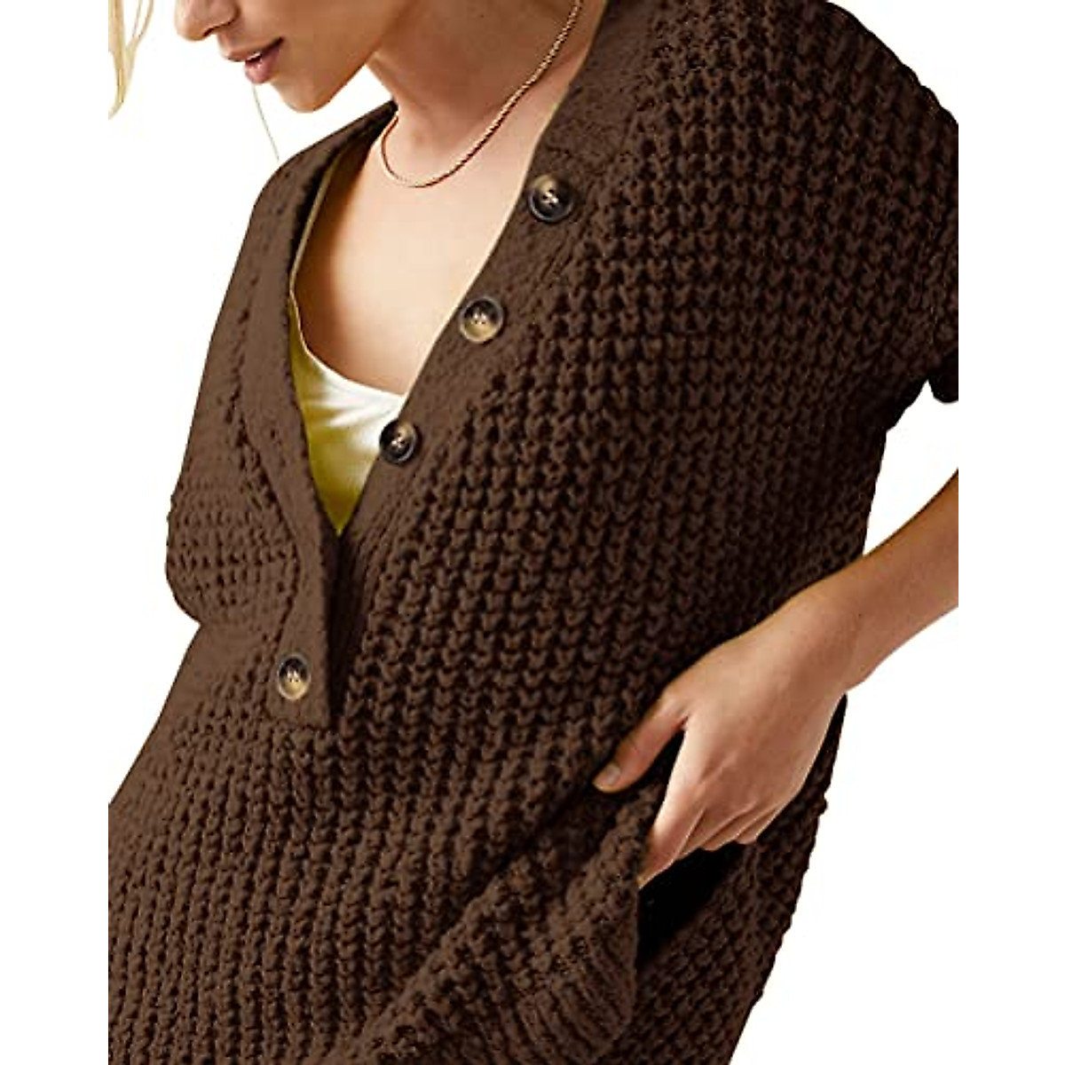 Womens V Neck Button Down Henley Sweater Long Sleeve Knit Pullover Sweaters Casual Side Slit Solid Color Jumper Tops