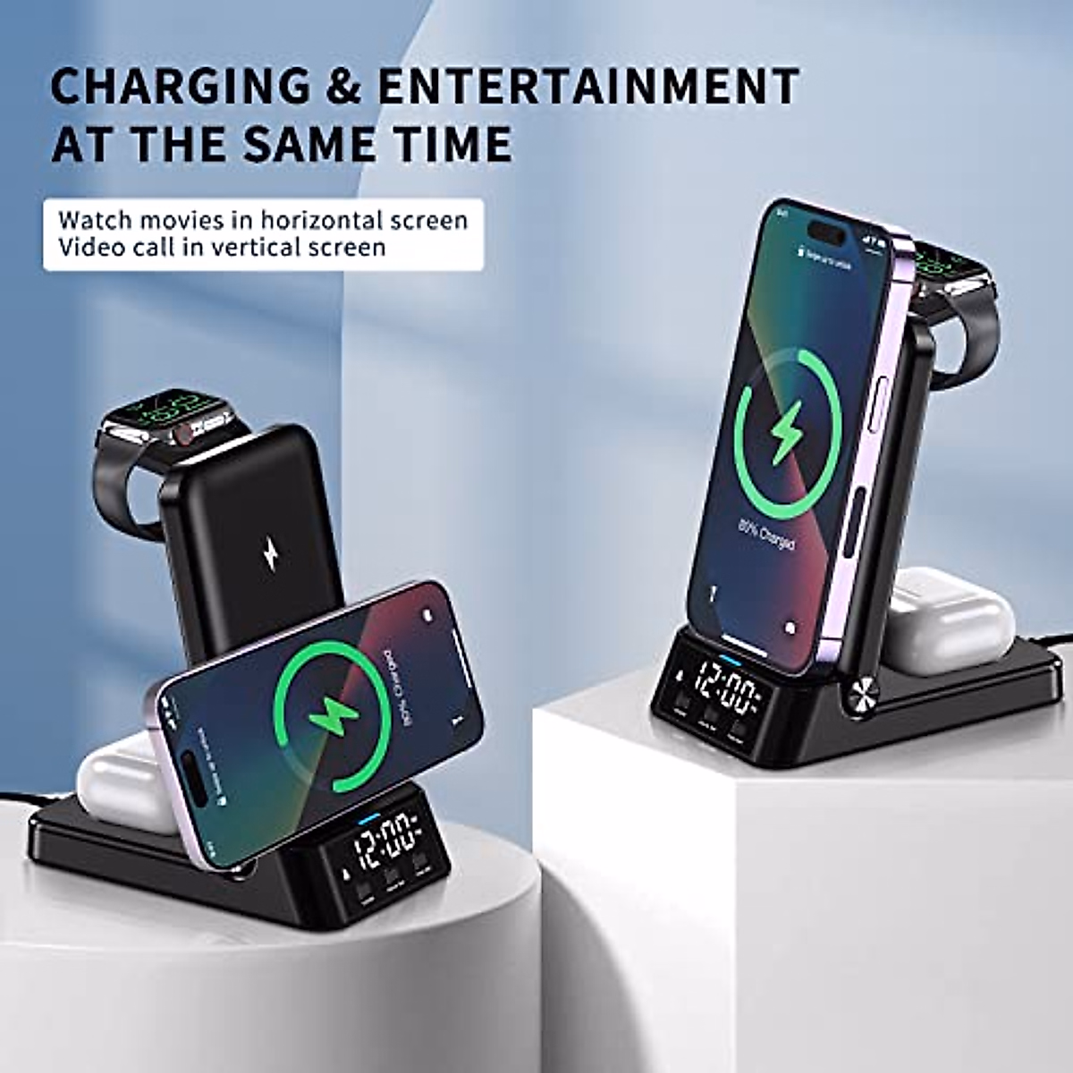 Fast Wireless Charger,4 in 1 Wireless Charging Station with Alarm Clock Compatible with iPhone 14/13/12/11/Pro/Max/XS/XR,Phone Charger Stand Dock for Apple Watch and Airpods(with 20W Adapter)