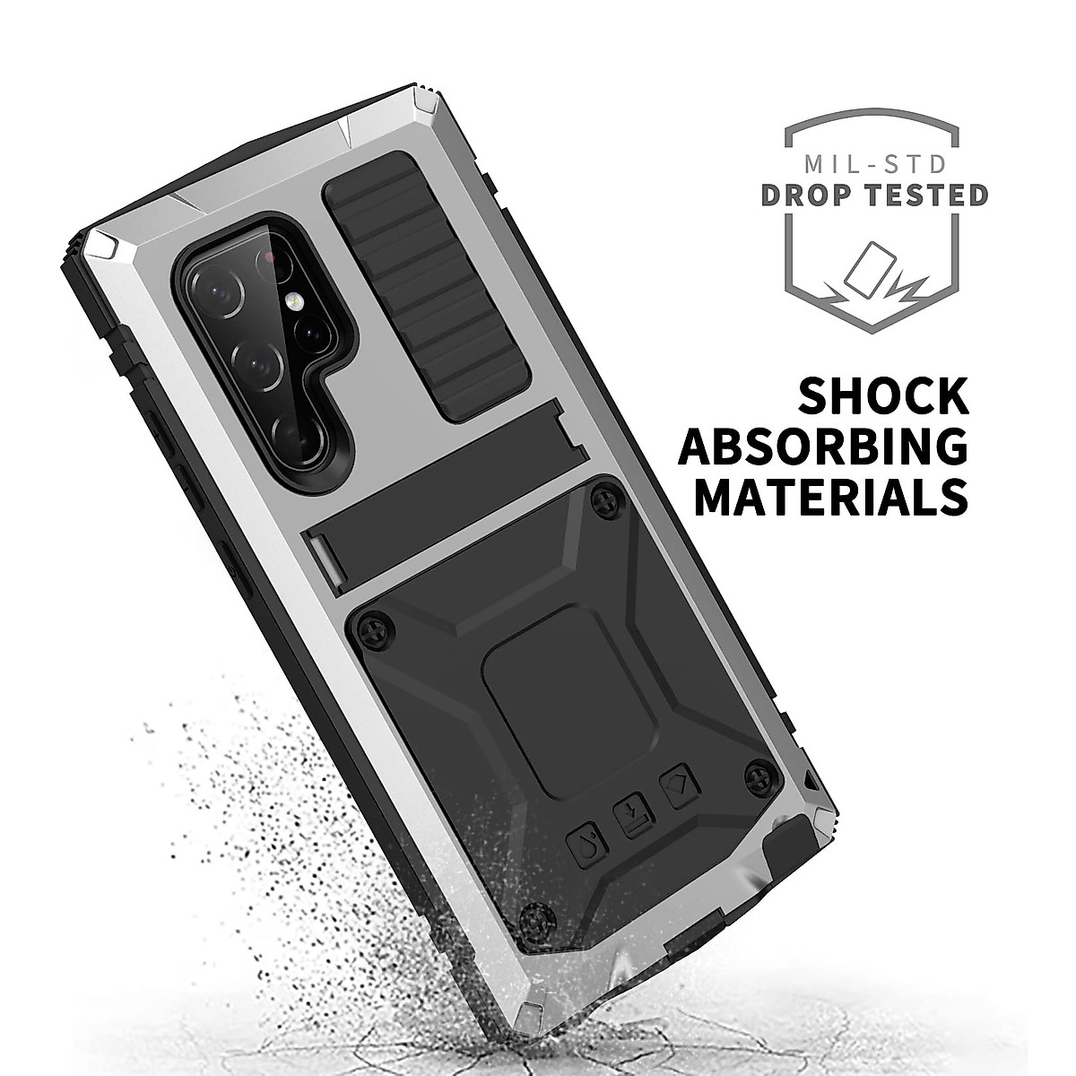 Simicoo Samsung S23 Ultra Metal Case with Screen Protector Camera Cover Military Rugged Heavy Duty S23 Ultra Case Metal Kickstand Full Body Tough Dustproof Shockproof for Samsung S23 Ultra (Sliver)