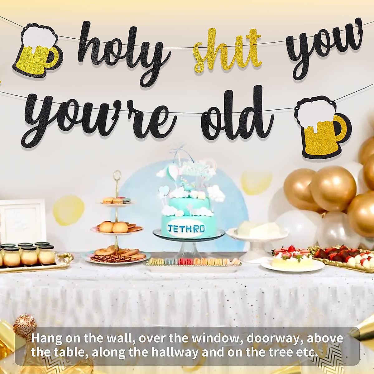 Birthday Decorations for Men, Holy You're Old Birthday Banner for Funny 40th 50th 60th 70th Birthday Party Decorations for Women