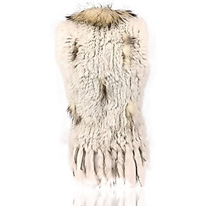 Uilor Women's 100% Natural Knit Rabbit Fur Vest with Raccoon Fur Collar White