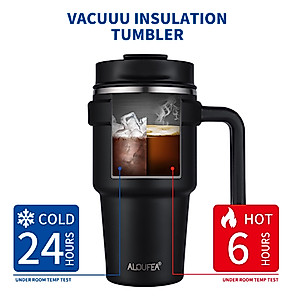 ALOUFEA 20 oz Insulated Coffee Mug Tumbler with Handle, Stainless Steel Travel Mug Tumbler with Lid and Straw,Double Wall Vacuum Leak Proof Ice Coffee Thermal Cup, Black