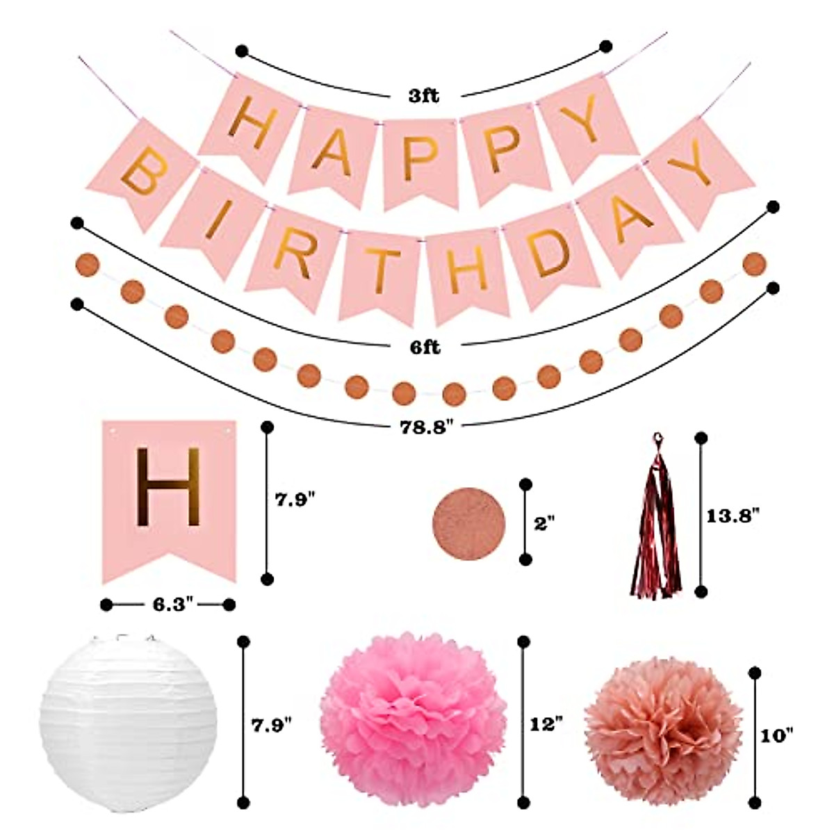 meowtastic Pink Birthday Party Decorations, Happy Birthday Banner with Tissue Pom Poms, Tassel Garland, Paper Lanterns, Circle Dot Garland, Pink and Rose Gold Happy Birthday Decoration for Women Girl