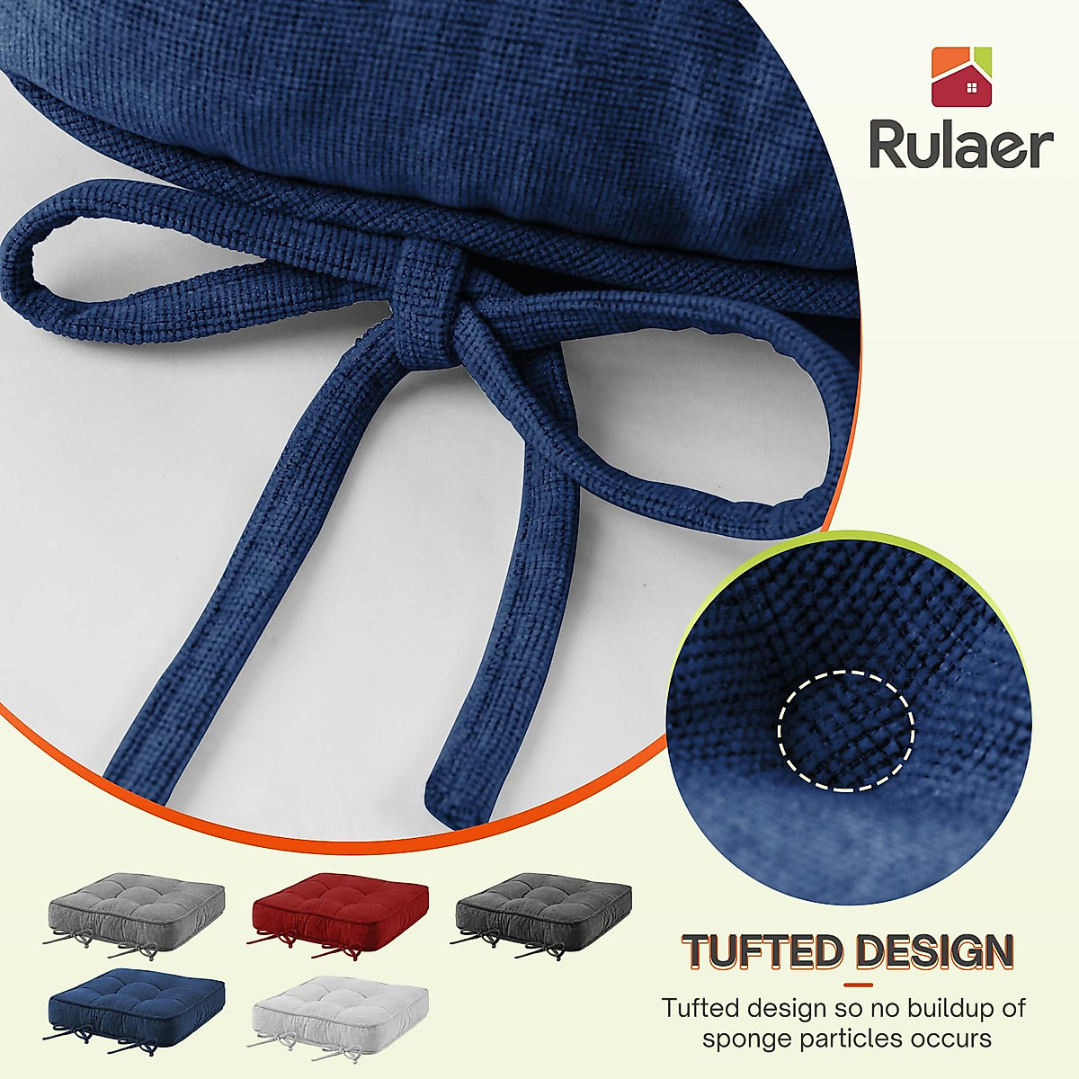 RULAER Indoor 18x18x3.5inch Chair Cushions Blue Tufted Double Piping with Straps Patio Seat Cushion No-Faded Thickened Puffy Dining Chair Pads,Set of 2