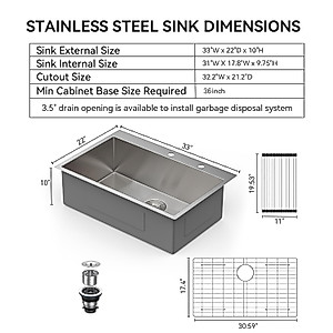 33 Inch Drop In Kitchen Sink - Lordear 33x22 Kitchen Sinks Drop In Stainless Steel Sinks Topmount 16 Gauge T304 Single Bowl Kitchen Sink With 3mm Thickened Plate Round Corners