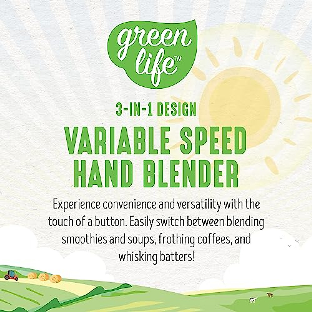 GreenLife 500-Watt Immersion Electric Handheld Stick Blender with Stainless Steel Blades, Whisk, Frother, Measuring Cup and Lid, Soups, Puree, Cake, Multi-Speed Control, Portable, Turquoise