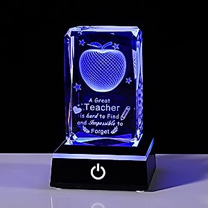 Teacher Appreciation Gifts for Women Men, 3D Crystal Engrave Apple with Base, Best Unique Christmas Retirement Thank You End of The Year Gifts for Teacher from Students
