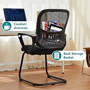 SMUG Desk Chair No Wheels Set of 2, Mid Back Computer Chair Ergonomic Mesh Office Chair with Larger Seat, Executive Sled-Base Task Chair with Lumbar Support and Armrests for Women Adults, Black