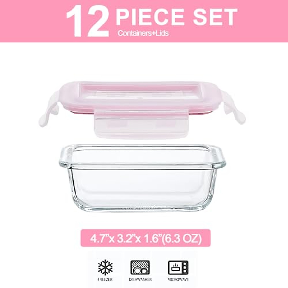 M MCIRCO [12-Pack, 6.3oz] Glass Food Storage Containers with Lids - Small Glass Jars for Snacks, Dips, Sauces - Freezer, Microwave, Dishwasher Friendly - Pink