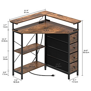 VENNQD Corner Desk with Drawers Shelves for Small Space 90 Degrees Triangle Computer Desk with Power Outlets,Gaming Desk with LED Lights Monitor Stand for Home Office Workstation Writing Table (Brown)
