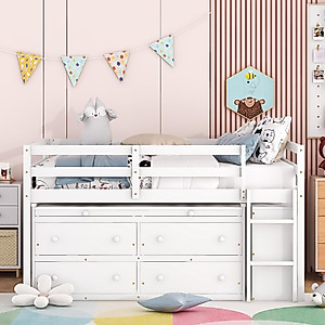 Full Size Low Loft Bed with Rolling Portable Desk, Full Bed Frame For Kids With Storage Cabinet, Drawers and Shelves, Multiple Functions Wood Loft Bed Frame for Girls Boys, Space Saving, White