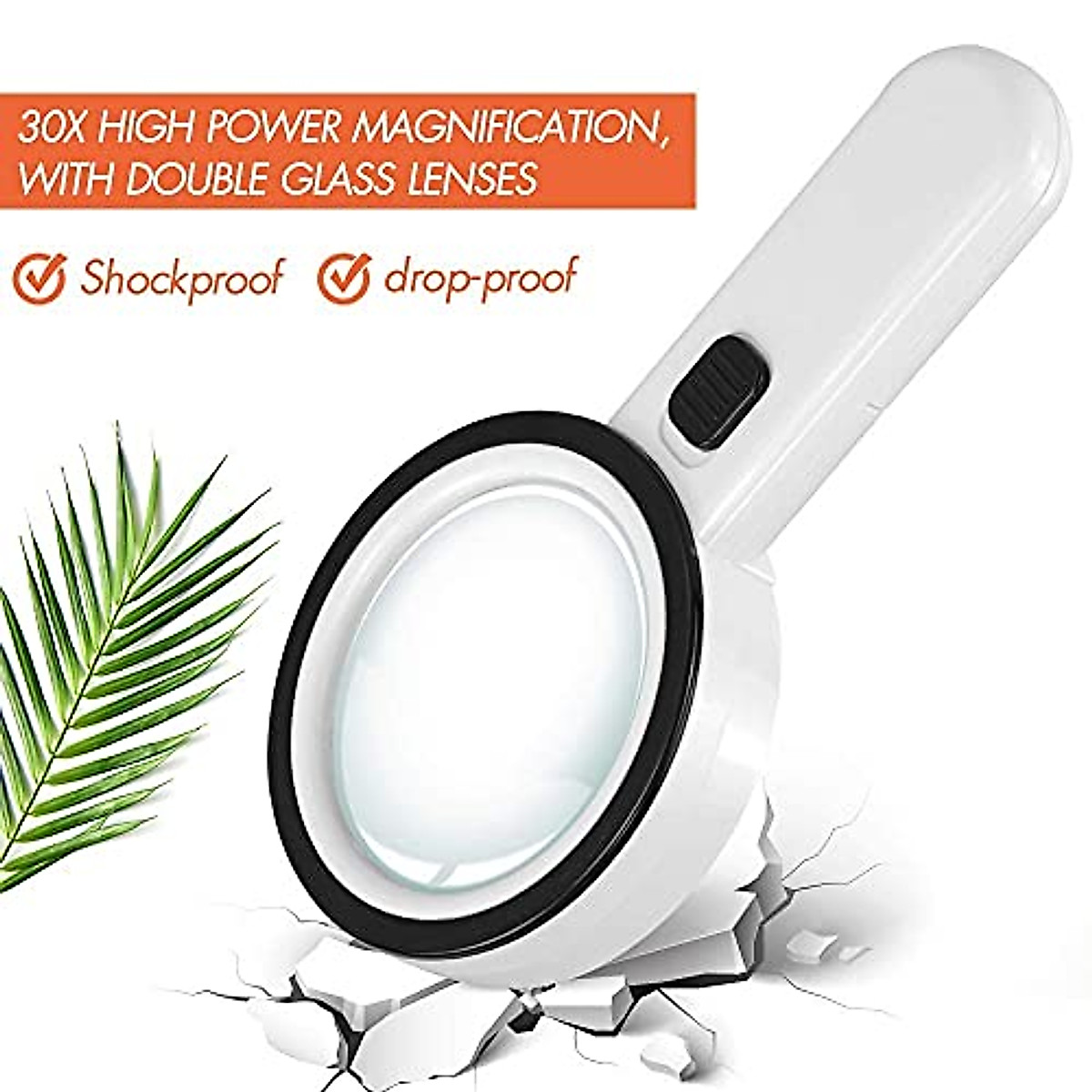 Leffis Magnifier Magnifying Glass with Light, 30X Handheld 12 LED Illuminated Lighted Magnifying Glasses for Seniors & Kids Close Work, Reading, Inspection, Jewellery (White)