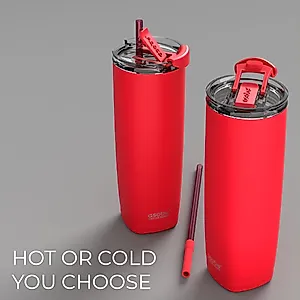 asobu Aqualina Stainless Steel Insulated Water Bottle with Interchangeable Hot and Cold Lid and Built in Straw (Red)