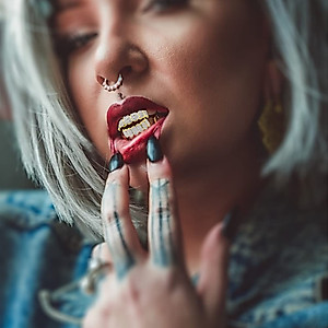 JINAO 18K Gold Plated Iced out CZ Fang Top Bottom Mouth Teeth Grills Set (SILVER BOTTOM)