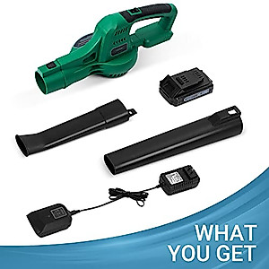 WISETOOL 20V Cordless Leaf Blower with Battery and Charger, Leaf Blower Battery Operated, Rechargeable Electric Handheld Leaf Blower Variable Speed with 2 Tubes for Patio, Leaves & Snow Blowing-Green
