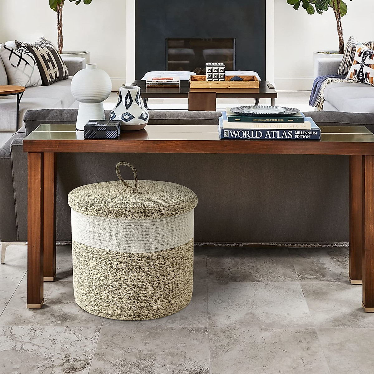 Tegance Blanket Basket with Lid, 16"D x 14"H Large Woven Rope Basket Laundry Basket Baby Toy Storage Basket Hamper Decorative Nursery Bin for Living Room Bedroom with Handles (Brown&White)