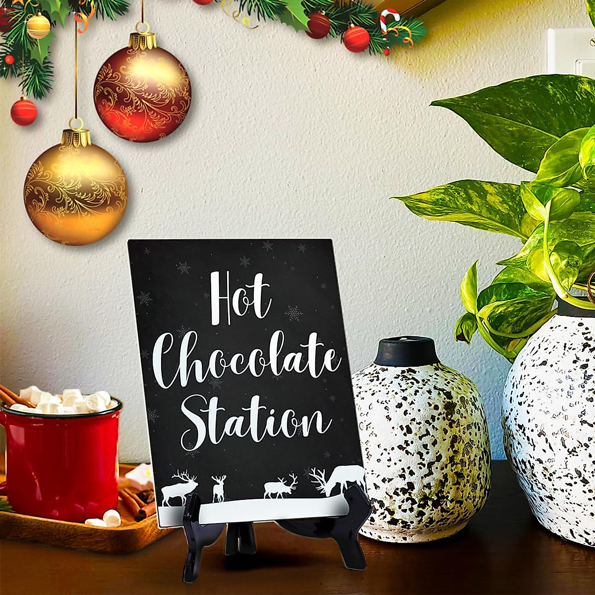 Hot Chocolate Station Table Sign with Easel, Reindeer Design 6 x 8" (Black)