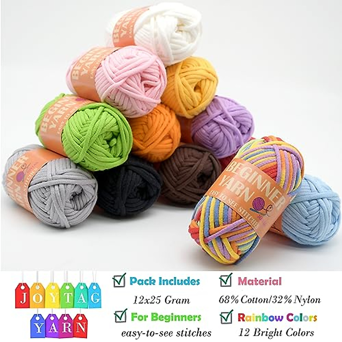 12 Pack Beginners Crochet Yarn Blue Green Pink Purple Yellow Rainbow Cotton Crochet Yarn for Crocheting Knitting Beginners with Easy-to-see Stitches Mini Crochet Yarn for Beginners Crochet Kit(12x25g)