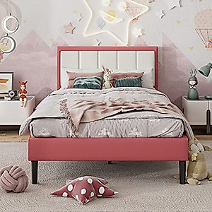 Konprosp Twin Size Bed Frame with Upholstered Headboard, Platform in New Technical Fabric, Mattress Foundation with Wooden Slats Support, Easy Assembly, No Box Spring Needed, Red & White