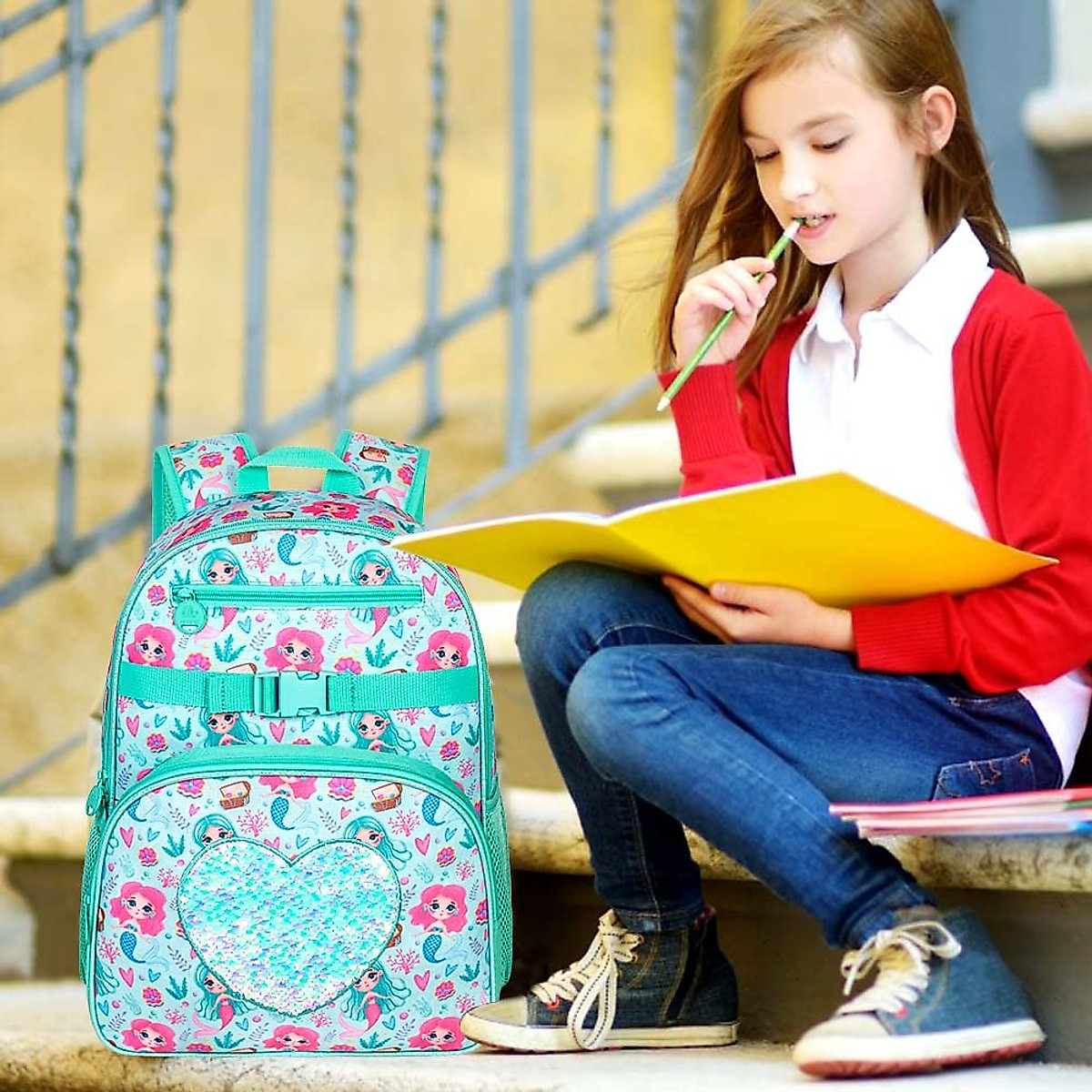 FTJCF 3PCS Backpack for Girls, 16" Cute Sequins Rainbow Kids Bookbag with Lunch Box, Elementary Preschool Kindergarten School Bag Set - Pink.