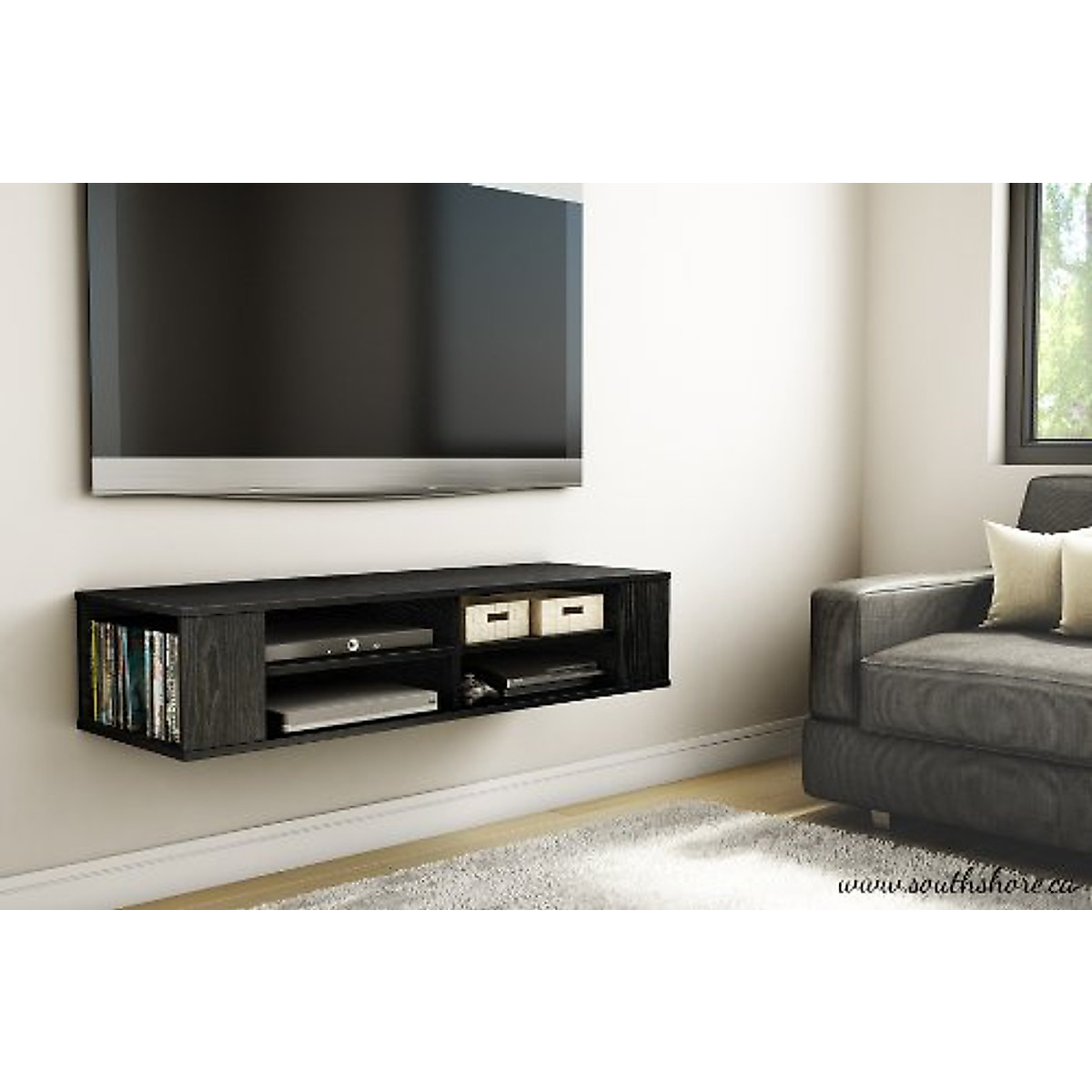 South Shore City Wall Mounted Media Audio/Video Console, Black Oak