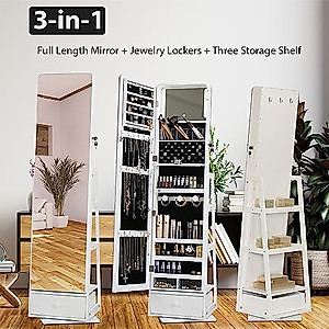 MASMIRE 360 Swivel Full Length Mirror With Storage & Built-In Light, 63.7'H Mirror Jewelry Cabinet Standing With 3 Drawers - Lockable Jewelry Armoire With 3 Storage Racks - White