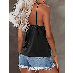Ekouaer Women's Silk Satin Tank Top Sexy V Neck Cami Top Spaghetti Strap T Shirt Blouse Black