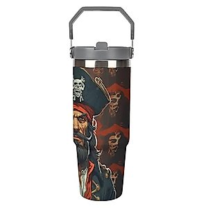 WITHSBKK 30oz Car Cup Pirate Captain Printed with Portable, Stainless Steel Travel Mug, Vacuum Insulated Tumbler And Straw, Leakproof for Car & Outdoor, UV Printed Design