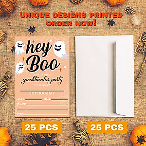Deluxe Halloween or Costume Party Invitations, 25 Fill-in Cards with Envelopes, Pumpkin, Ghost, Monster, Cute Trick or Treat, Box or Treat for Kids Birthday or Adult party - 4"X6" (JRM358)