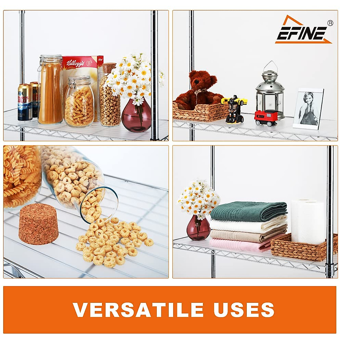 EFINE Chrome 4-Shelf Shelving Units and Storage on 3'' Wheels with 4 Shelf Liners, Adjustable Heavy Duty Steel Wire Shelving Unit for Garage, Kitchen, Office (36W x 14D x 57.7H) Pole Diameter 1 Inch