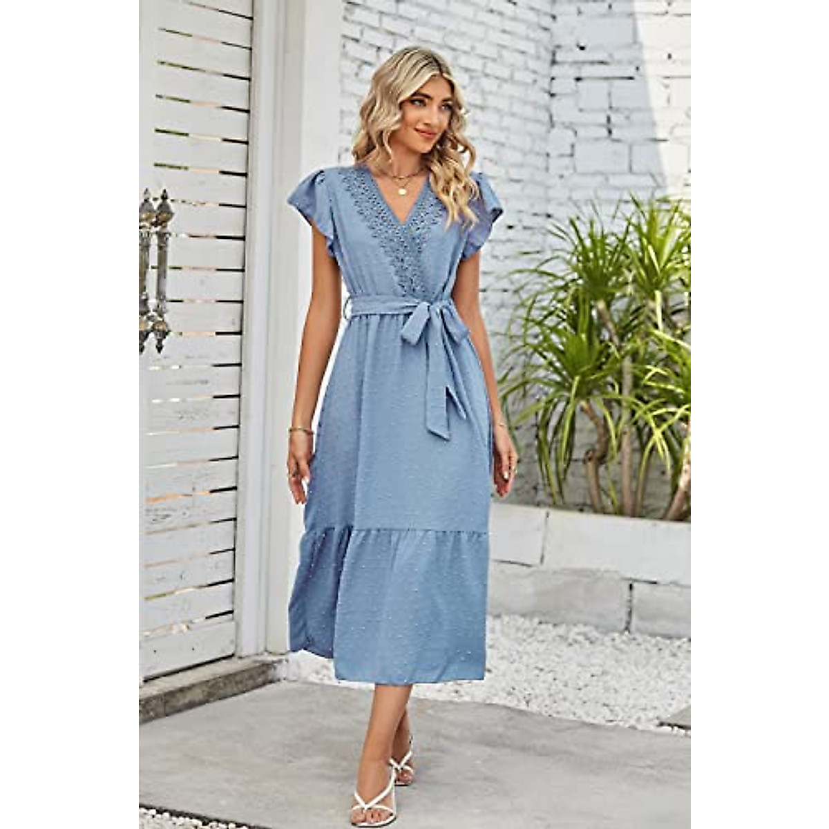 EGRETLAC Women V Neck Haltter Sleeveless Boho Swiss Dot Dress, Elasticated Waist A Line Flowy Hem Long Dresses with Tie Blue