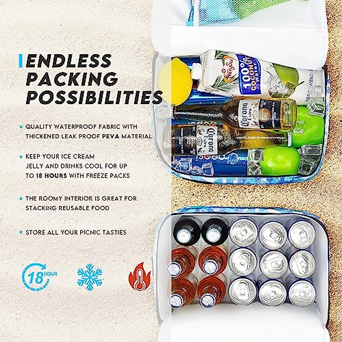 OEELINN -Large Soft Insulated Cooler Bag, Portable Collapsible, Waterproof, Lightweight, with Padded Shoulder Strap for Picnic, Camping, Grocery Shopping, Travel