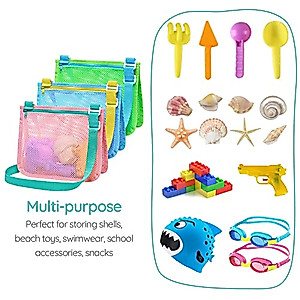 F-color Beach Toy Kids Beach Bag Shell Collecting Bag, Mesh Beach Bag Seashell Bag Net Bag for Sea Sand Pool Swim Beach Shell Accessories Beach Gifts for Kids Girls Boys, 3 Packs (Green, Blue, Pink)