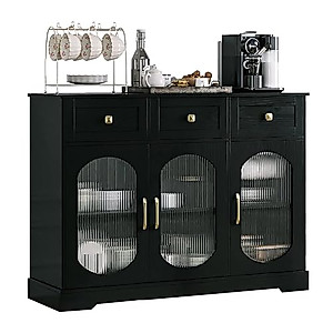 HIFIT Black Sideboard Buffet Cabinet with Storage 47.2"W Kitchen Storage Cabinet with 3 Glass Doors and 3 Drawers, Coffee Bar Cabinet for Kitchen, Dinning Room, Living Room, 47.2"W x 15.6"D x 35.3"H