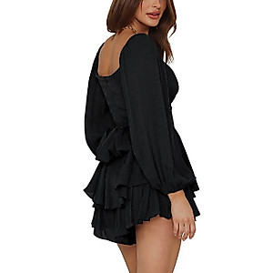 LYANER Women's Jumpsuit Lantern Long Sleeve Ruffle Layer Tie Mini Short Romper Solid Black Small