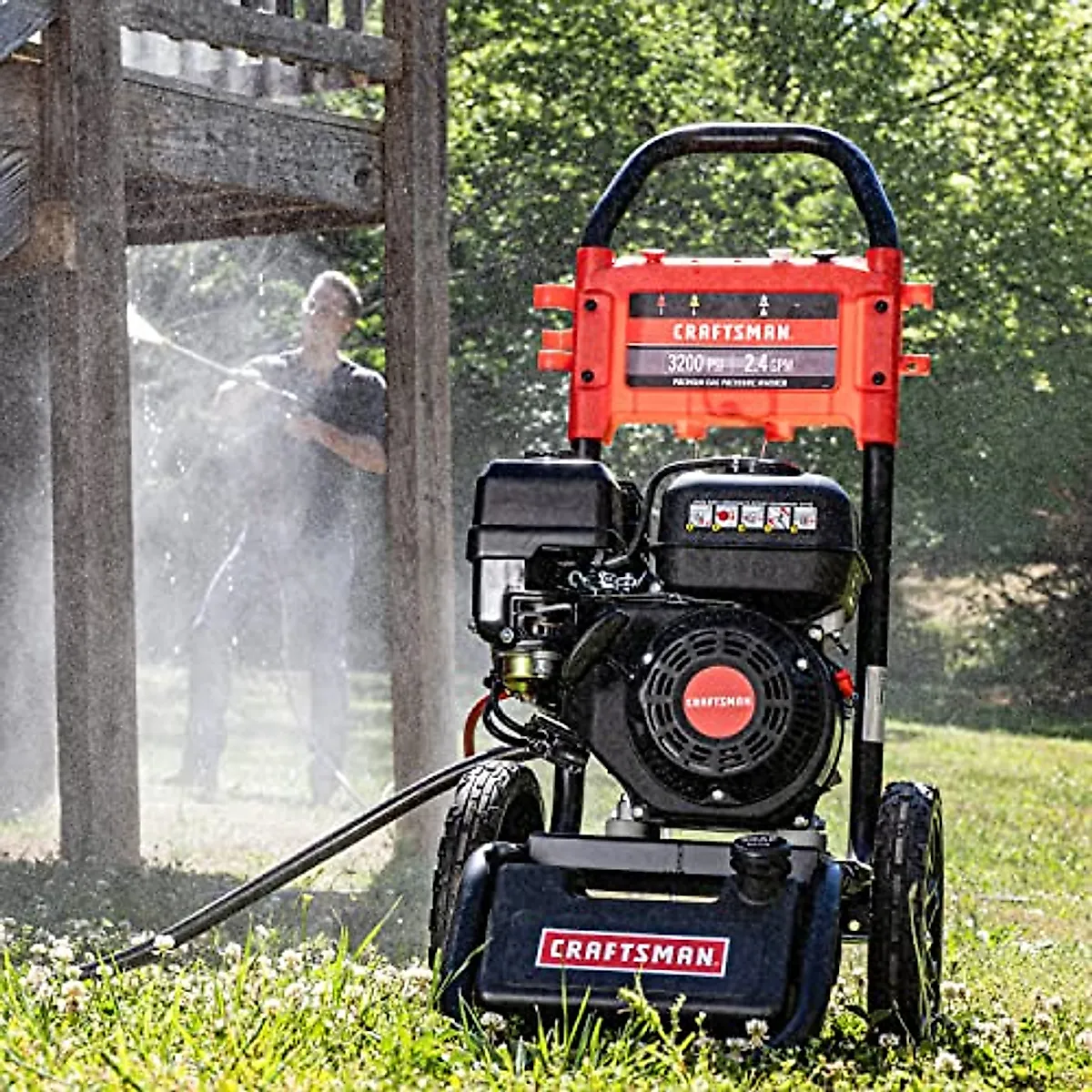 Craftsman CMXGWFN061200 3200 PSI Gas Pressure Washer, 2.4 GPM, Craftsman Engine, Includes Spray Gun and Wand, 4 QC Nozzle Tips, 1/4-in. x 25-ft. Hose, Red