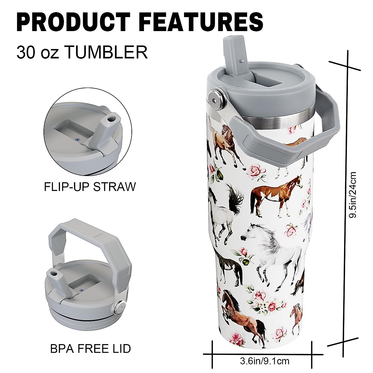 Unyopsa Horse Gifts for Women Girls, 30oz Horse Tumbler with Handle, Horse Stuff for Men Horse Lovers, Stainless Steel Insulated Horse Water Bottle Travel Cup