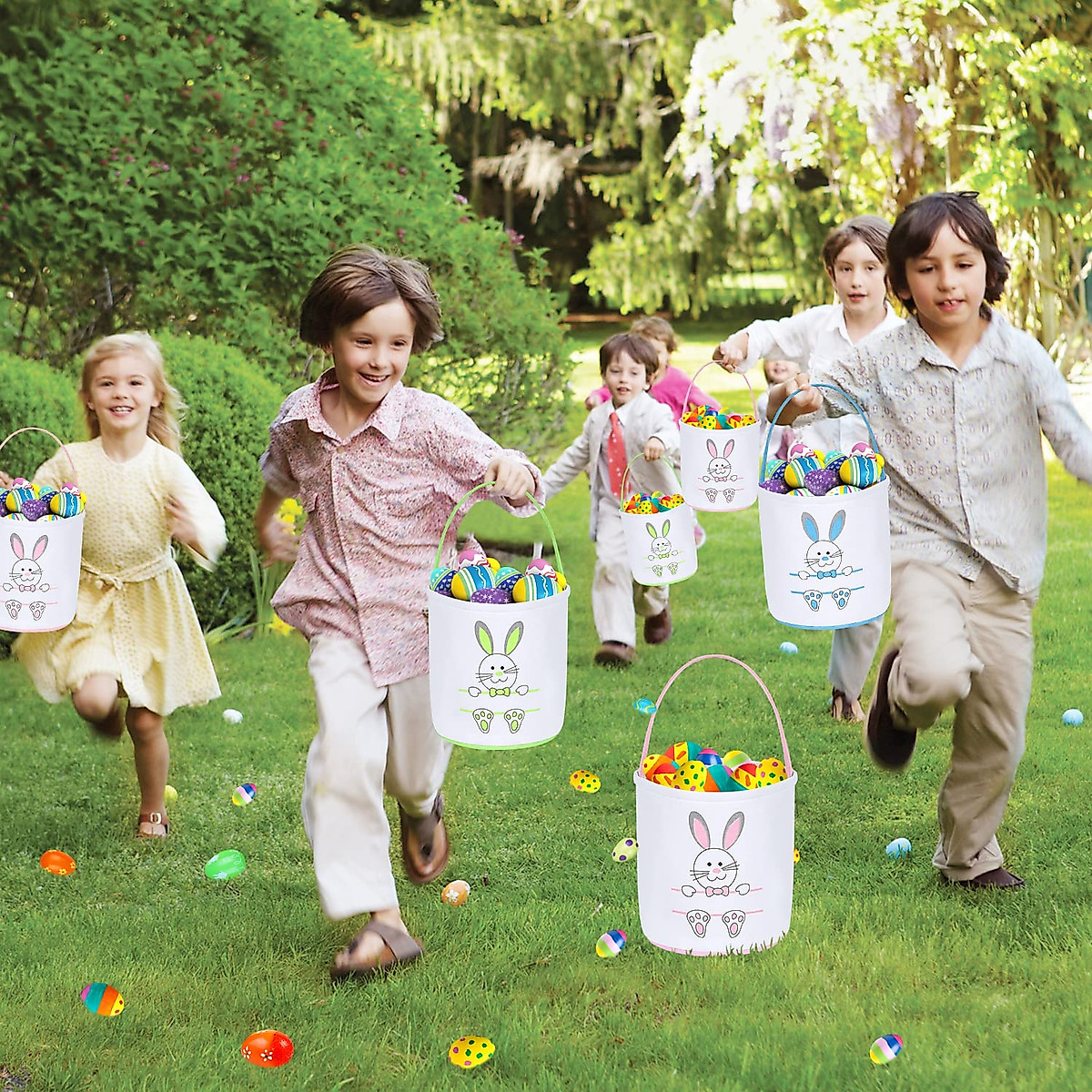 6 Pack Easter Egg Hunt Basket for Kids Bunny Canvas Tote Gifts Bags Eggs Candy & Gifts Carry Bucket Easter Baskets Bunny Bags Canvas Rabbit Fluffy Tail Basket Buckets Easter Egg Hunt Party Decorations