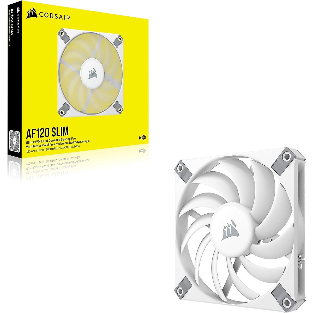 Corsair AF120 Slim, 120mm PWM Fluid Dynamic Bearing Fan (Thin Profile for Small-Form-Factor Cases, Low-Noise, Up to 2000 RPM, Zero RPM Mode Support, Universal 120x15mm Sizing) Single Pack, White