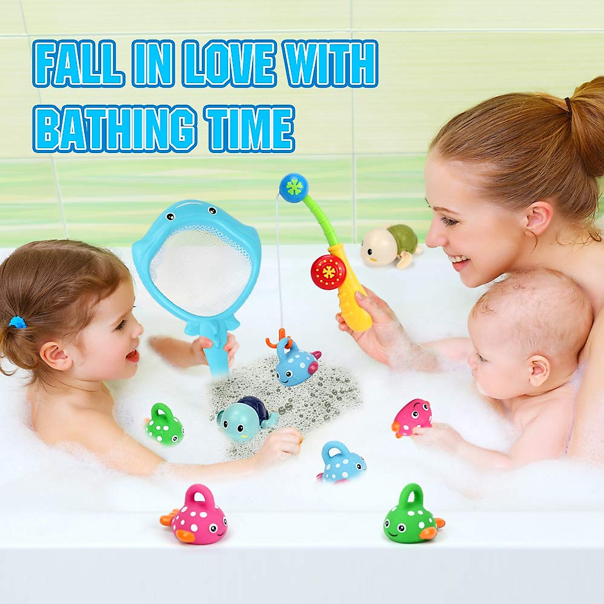 Bath Toys Fish Set, Fishing Game w/ Swimming Tortoise, Fishing Pole & Net, Fish Game Bathtub Water Table Shower Pool Bathroom Toy for Toddlers Baby Kids Infants Boys Girls